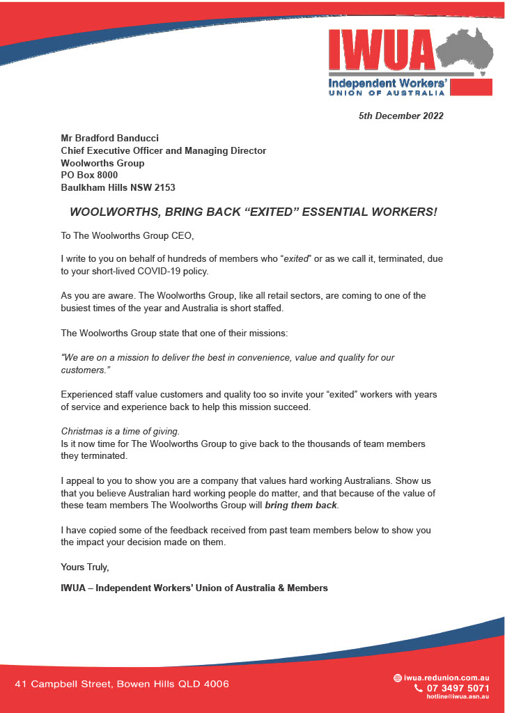 Letter to Woolworths CEO: Bring Back "Exited" Essential Workers!